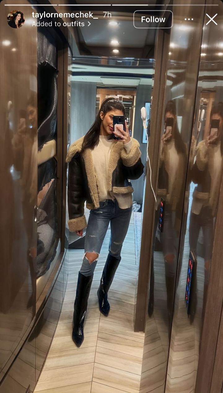 John Hunter Nemechek's wife Taylor pairs faux fur jacket, ripped jeans, and boots for an edgy ...