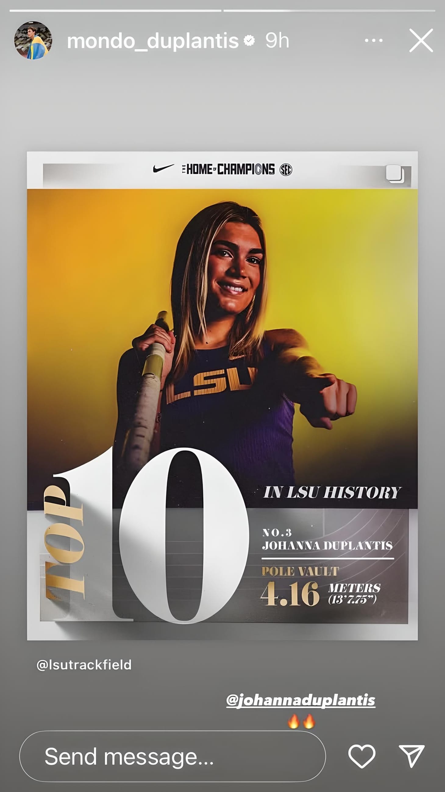 Mondo Duplantis reacts as sister Johanna Duplantis elevates up LSU ...