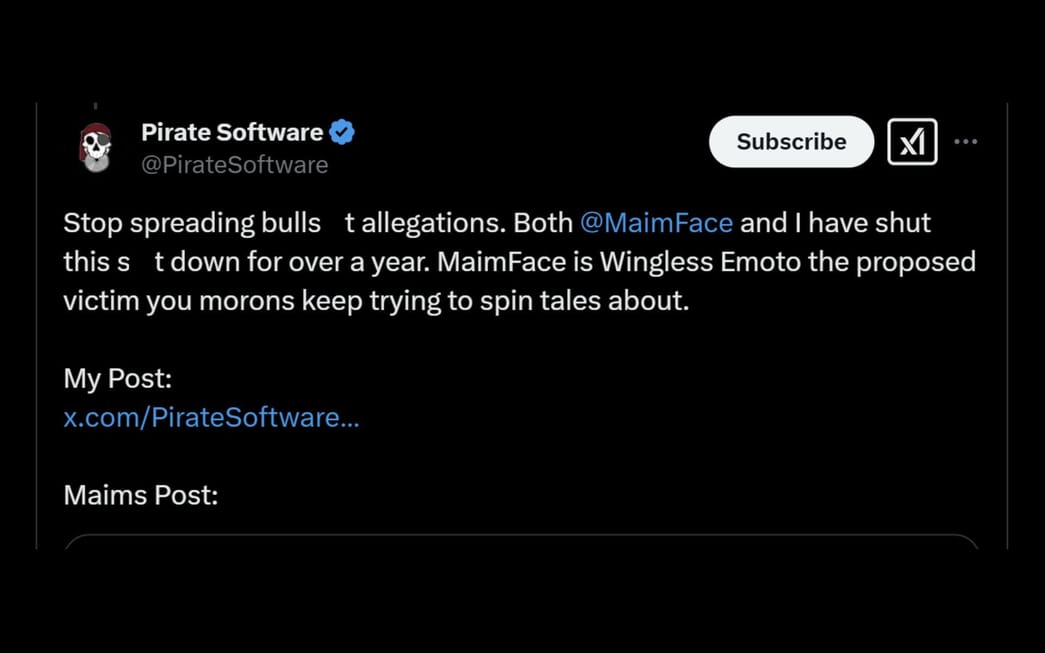 Pirate Software responds to allegations that he "groomed and exploited ...