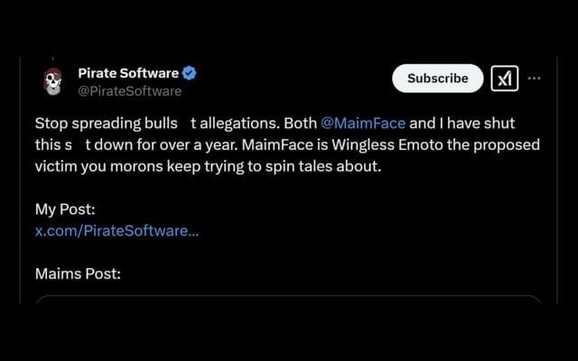 Pirate Software responds to allegations that he "groomed and exploited ...