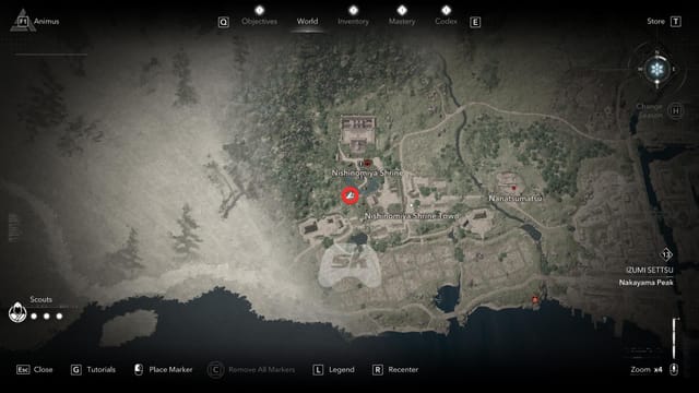 All praying locations of Nishinomiya Shrine in Assassin's Creed Shadows