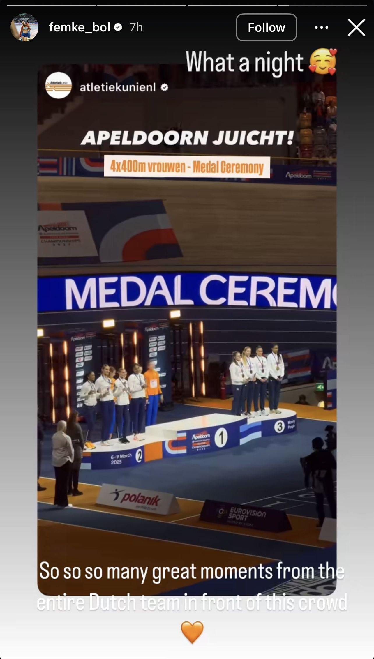 Femke Bol reacts as Netherlands claim five gold medals in front of a massive crowd at the ...