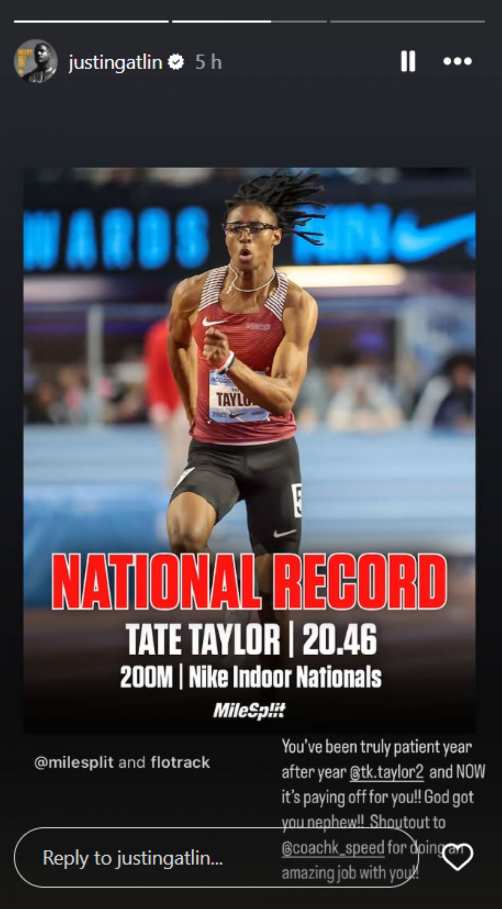 Justin Gatlin reacts as High School athlete Tate Taylor breaks the 200m ...