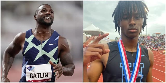 Justin Gatlin reacts as High School athlete Tate Taylor breaks the 200m ...