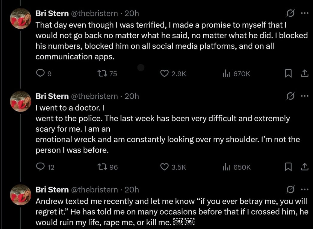 Andrew Tate's ex-girlfriend Bri Stern shares shocking alleged texts ...