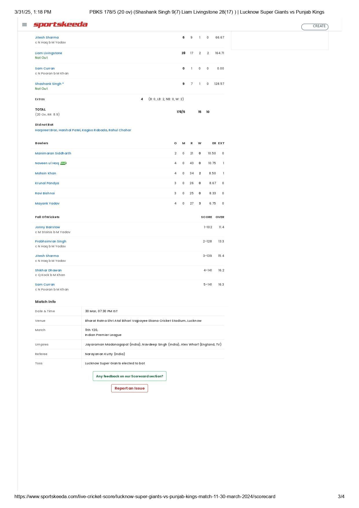 Lucknow Super Giants vs Punjab Kings: Scorecard, Highlights and Results of LSG and PBKS's last ...