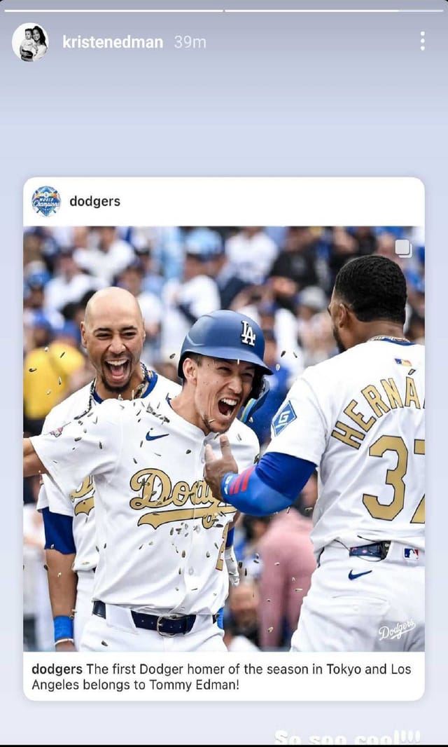 Tommy Edman's wife Kristen drops 3-word reaction to Dodgers star's ...