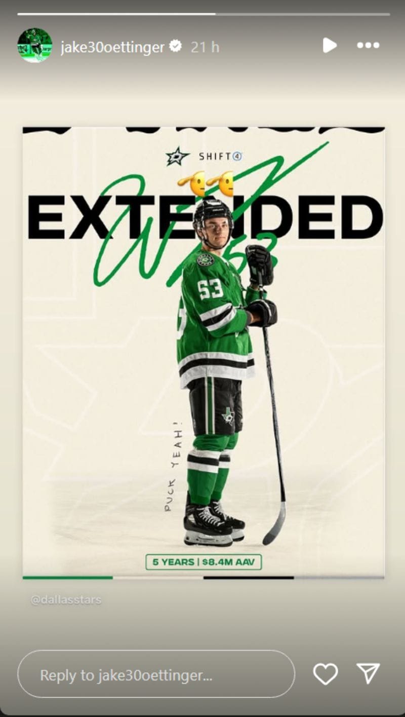 Jake Oettinger reacts to Wyatt Johnston's massive $42M contract ...