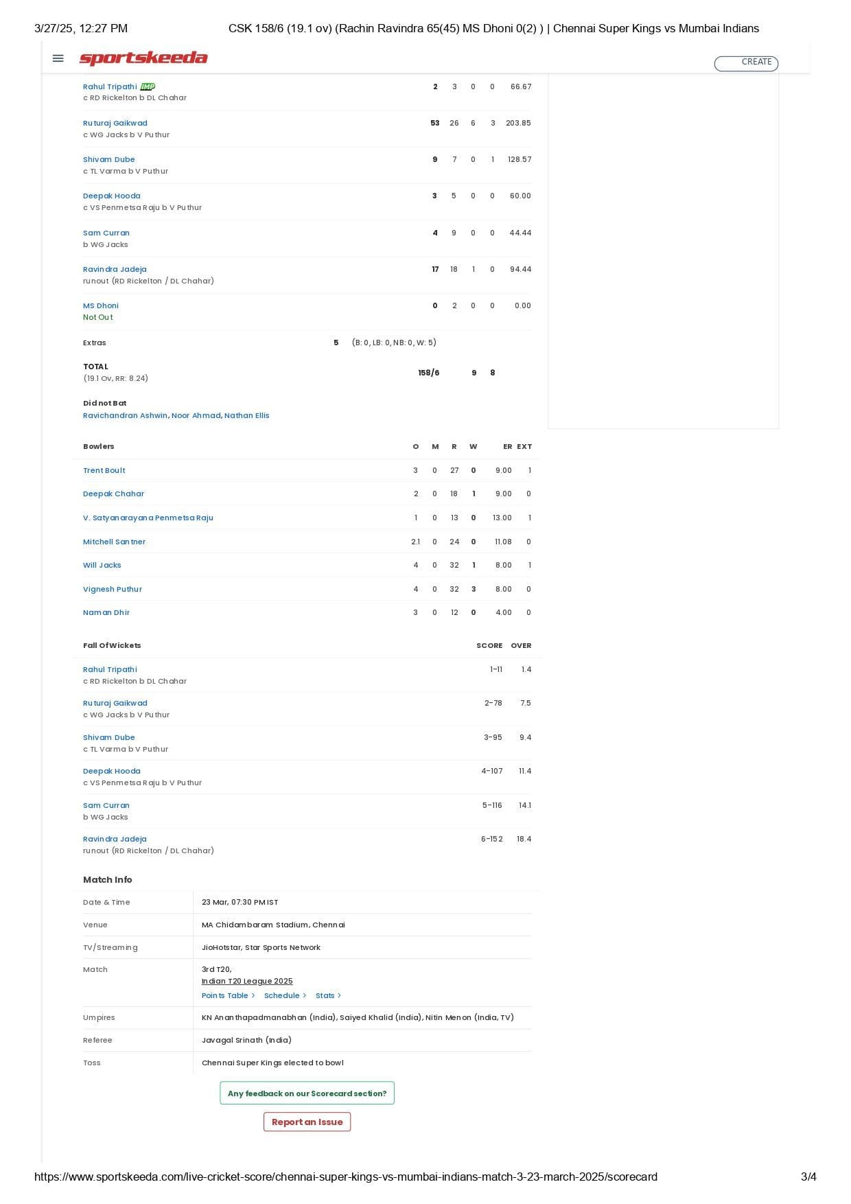 Chennai Super Kings vs Royal Challengers Bengaluru: Scorecard ...