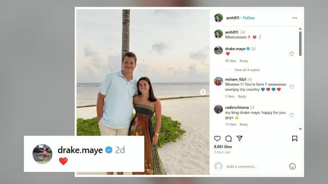 Drake Maye reacts as fiancée Ann Michael Hudson shares beachside ...