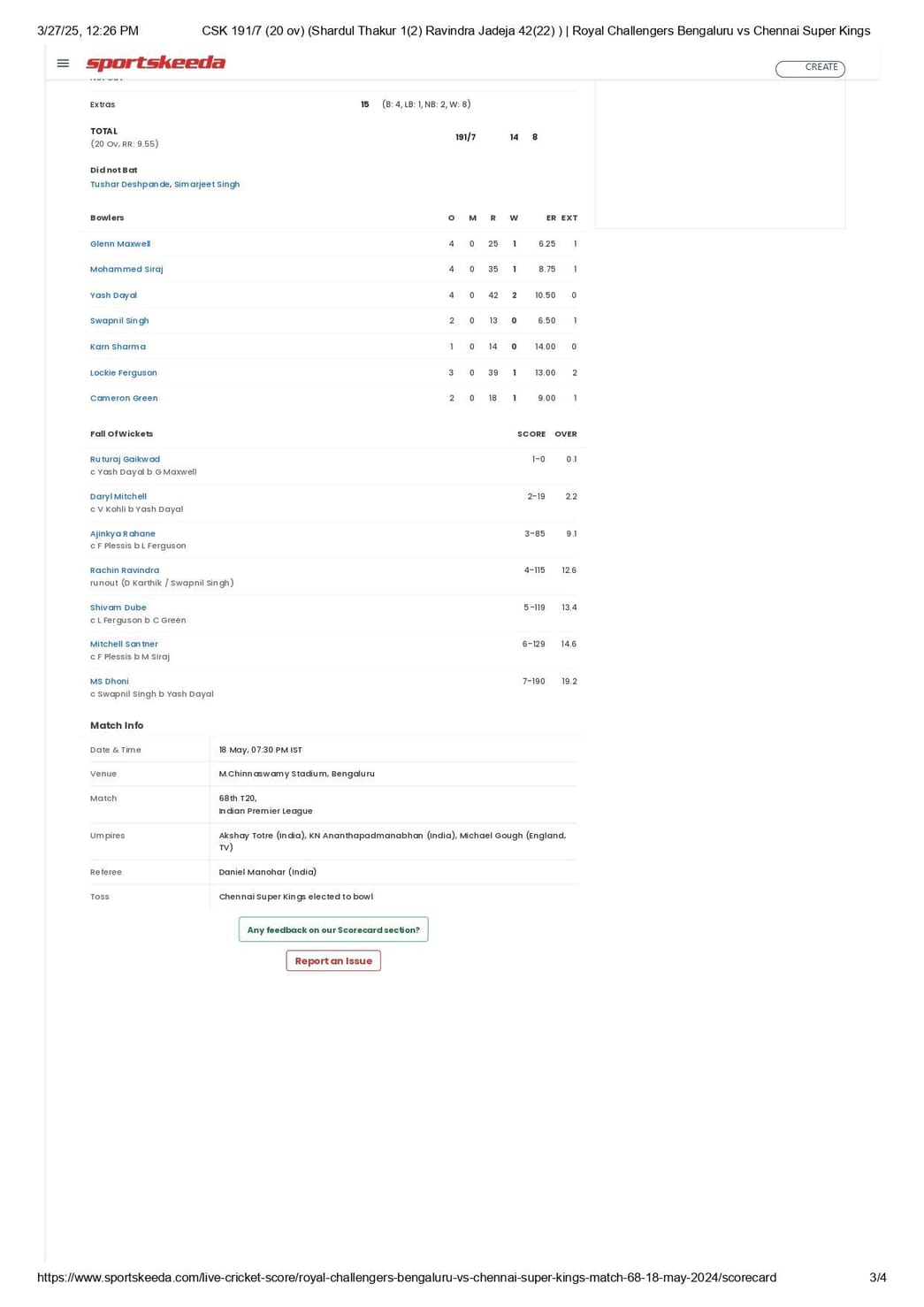 Chennai Super Kings vs Royal Challengers Bengaluru: Scorecard ...