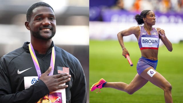 Justin Gatlin reacts to Kaylyn Brown's exhausted look despite anchoring ...