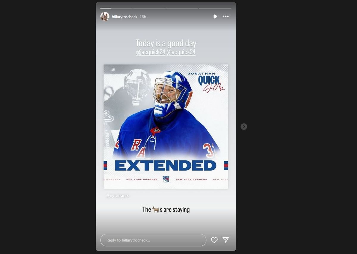 Vincent Trocheck's wife Hilary reacts to Jonathan Quick signing 1-year ...