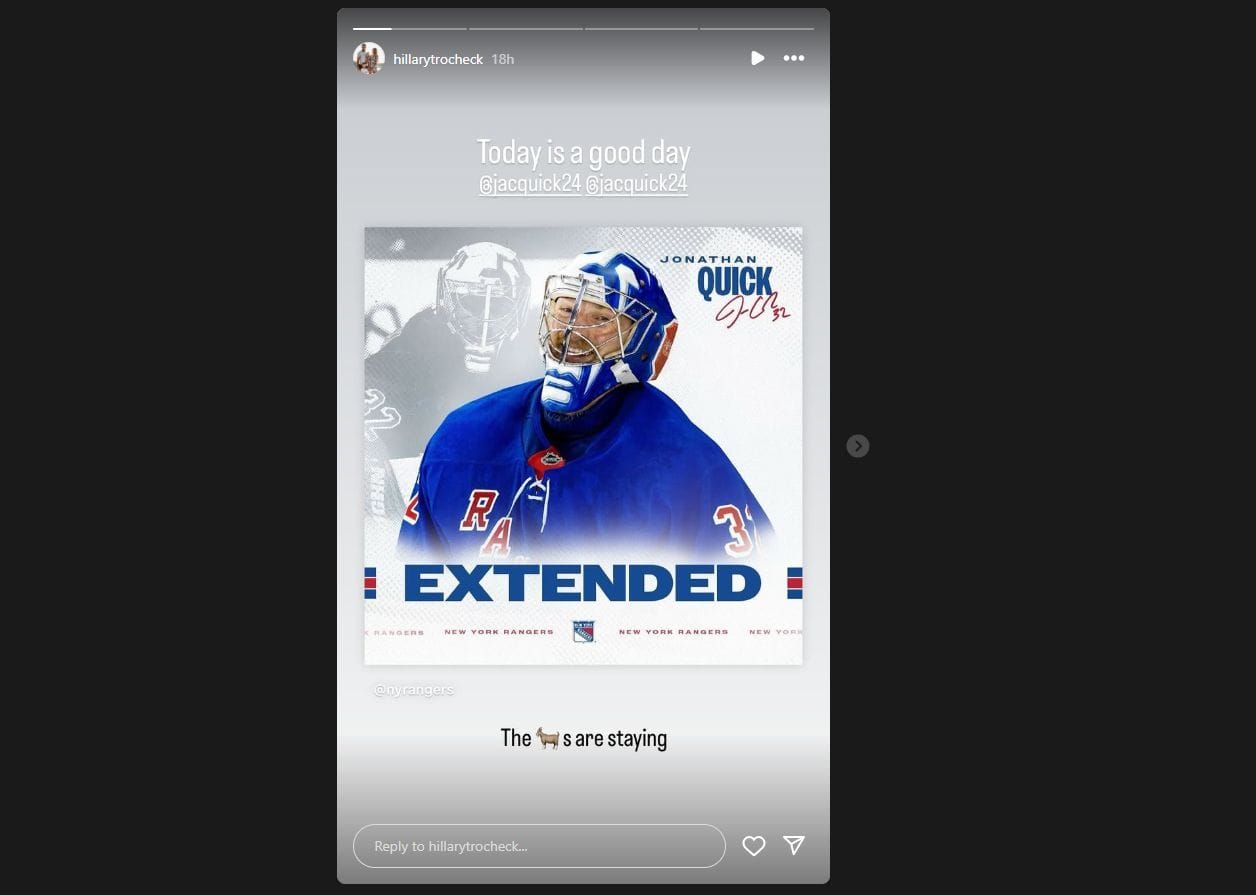 Vincent Trocheck's wife Hilary reacts to Jonathan Quick signing 1-year ...