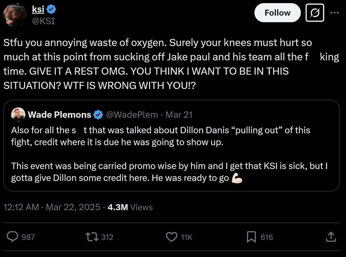 "Sucking off Jake Paul and his team": KSI calls Wade Plemons an ...