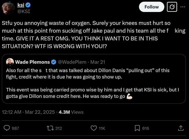 "Sucking off Jake Paul and his team": KSI calls Wade Plemons an ...