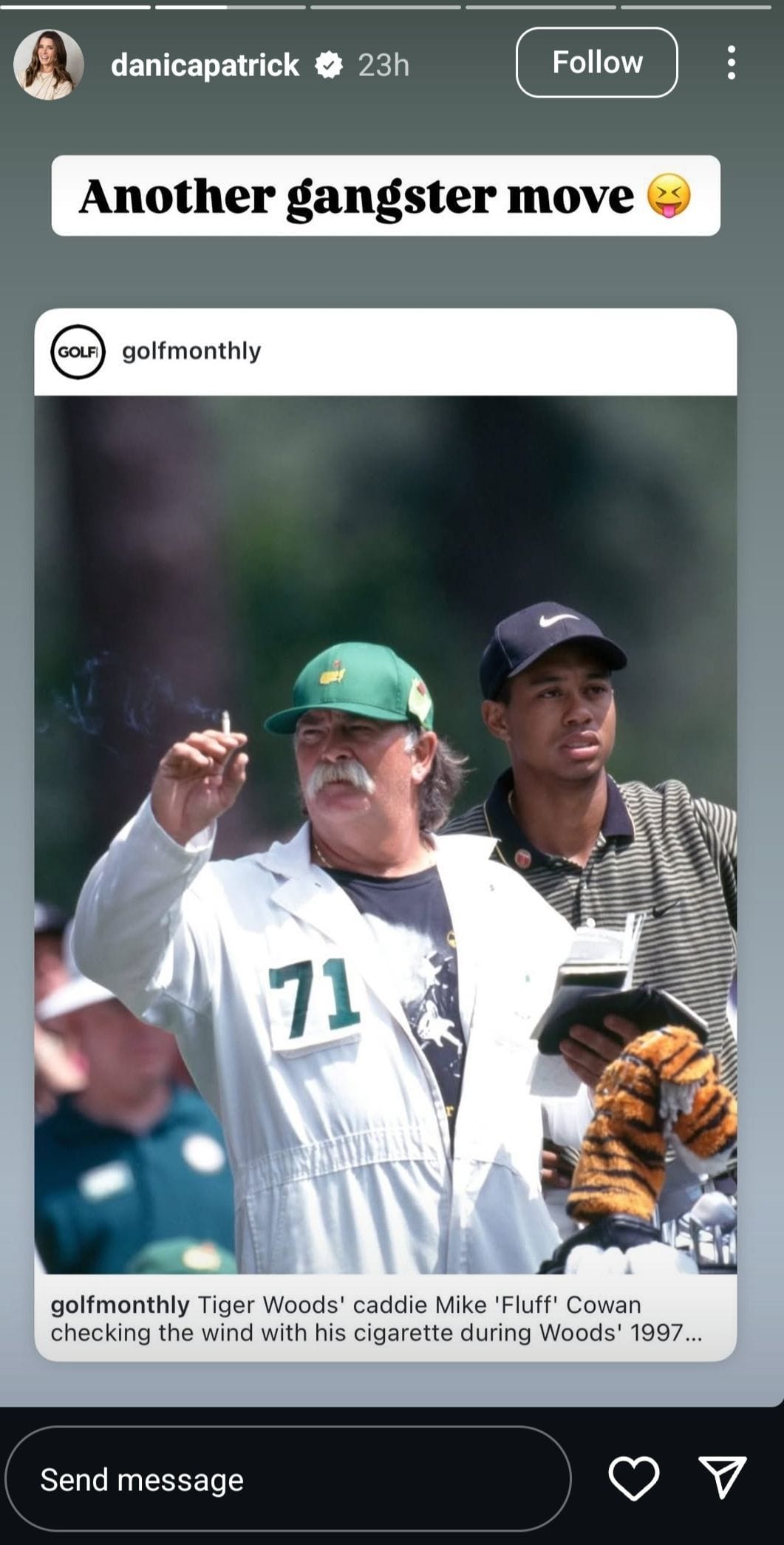 Danica Patrick has a three-word reaction to Tiger Woods’ caddie’s gesture