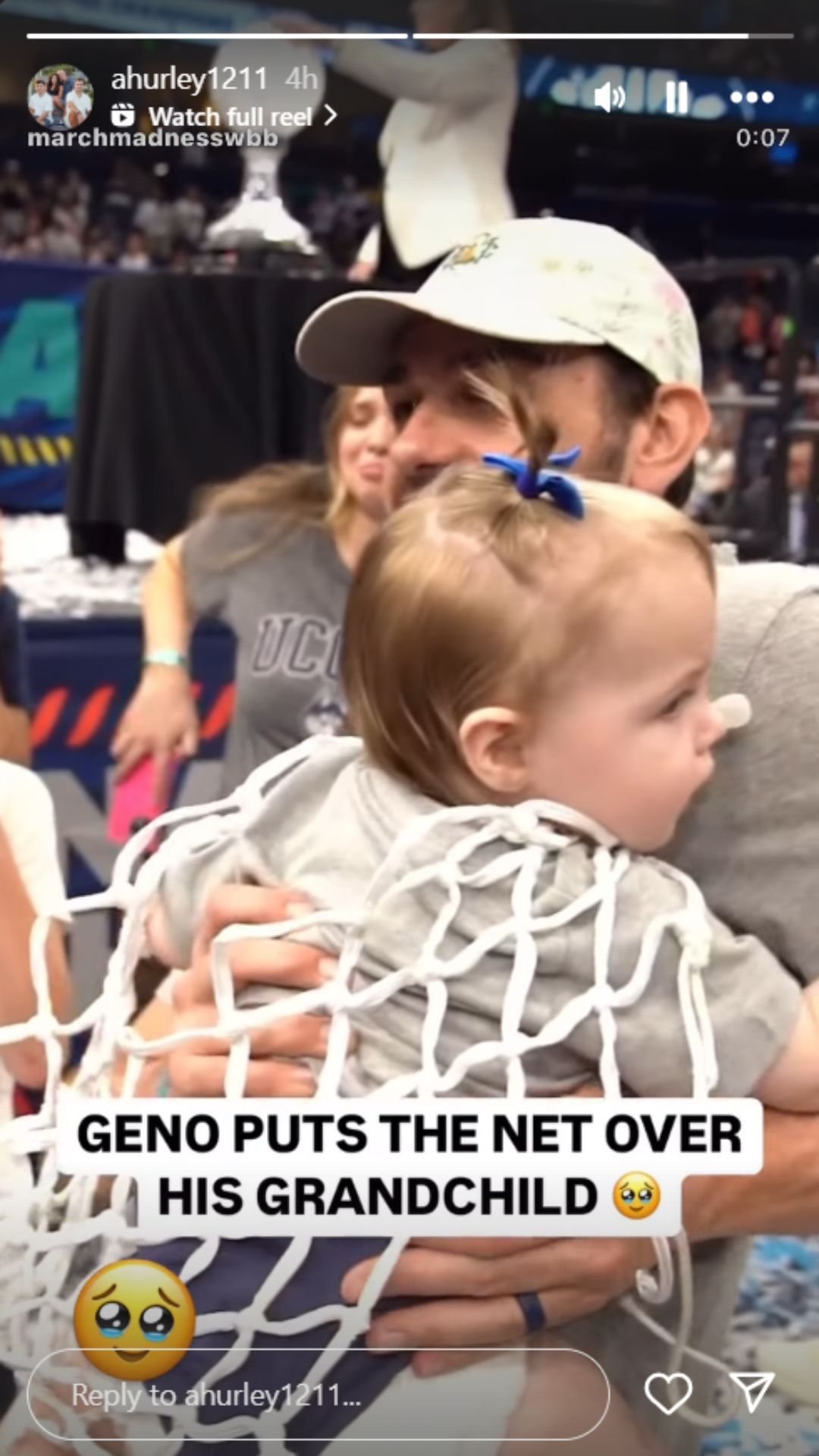 Dan Hurley’s wife Andrea emotional as Geno Auriemma puts NCAA championship net on his grandchild