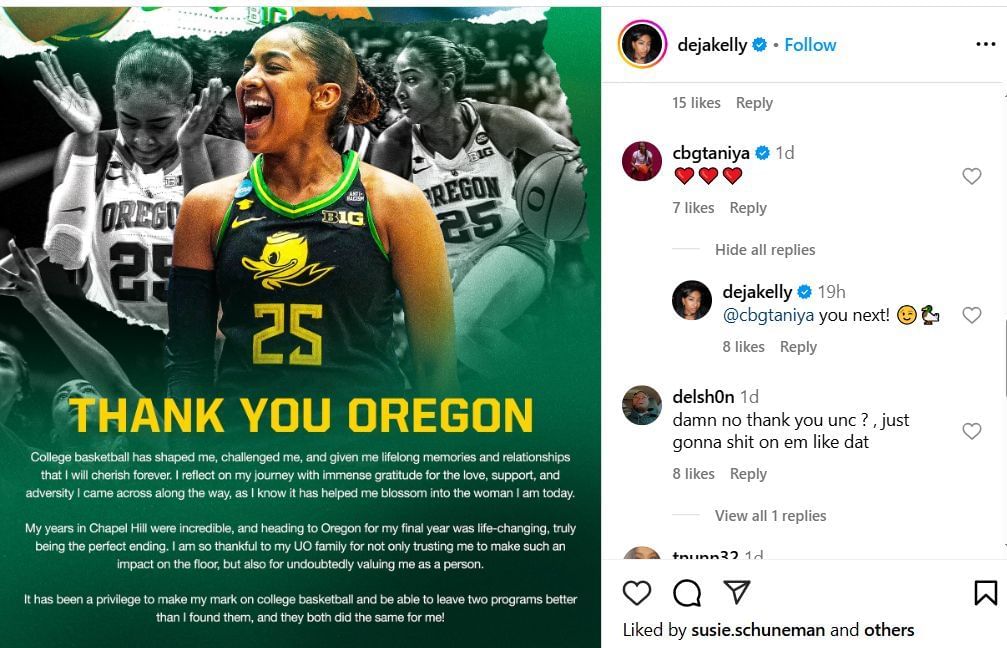 Ta’Niya Latson reacts as Oregon’s Deja Kelly declares for 2025 WNBA draft