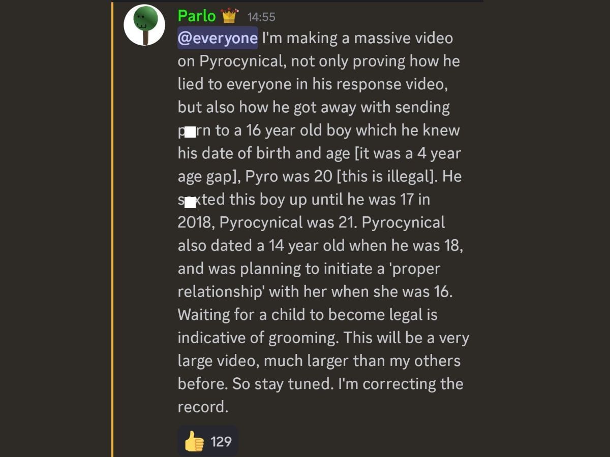 YouTuber Parlo accuses Pyrocynical of alleged "grooming," plans on ...