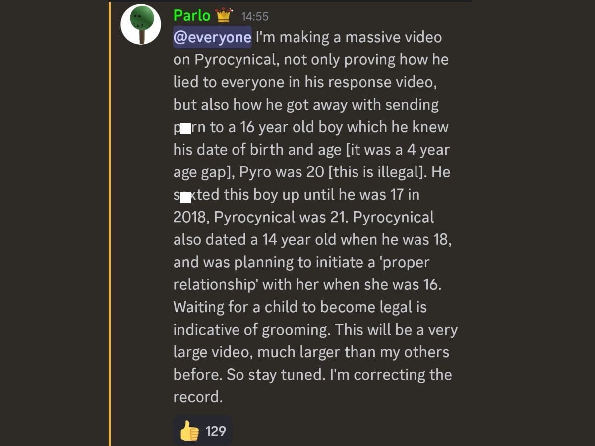 YouTuber Parlo accuses Pyrocynical of alleged "grooming," plans on ...