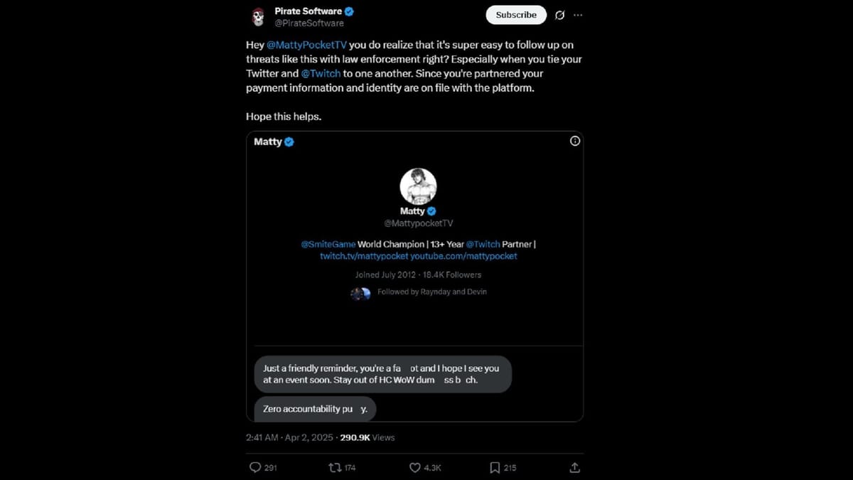 Pirate Software slams partnered Twitch streamer for sending threats on ...