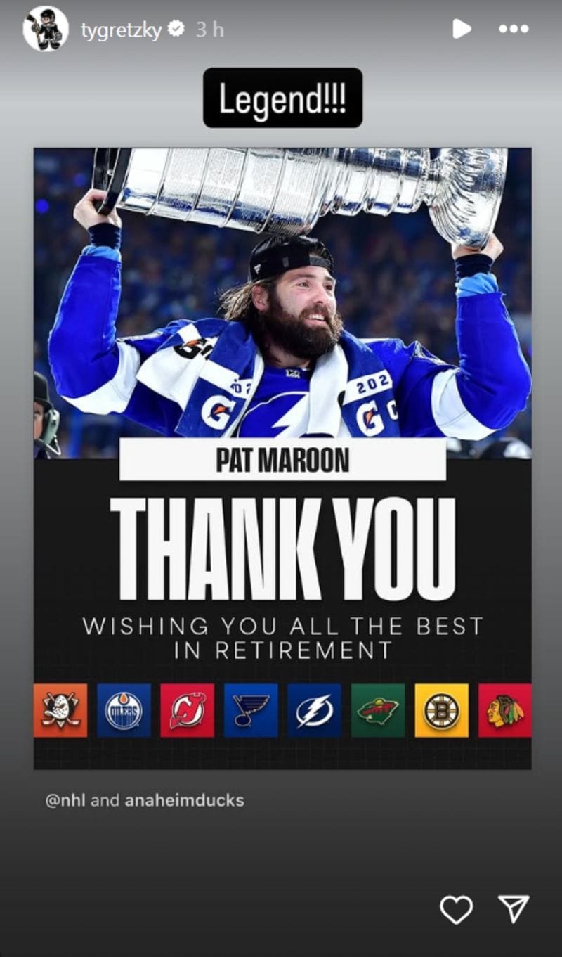 Wayne Gretzky’s son Trevor drops 1-word tribute to Pat Maroon’s retirement