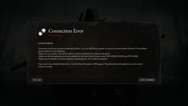 Hunt Showdown error 0x30001: Are there any fixes?