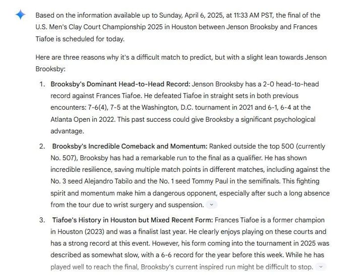 We asked AI to predict the winner of Frances Tiafoe vs Jenson Brooksby U.S. Men's Clay Court ...