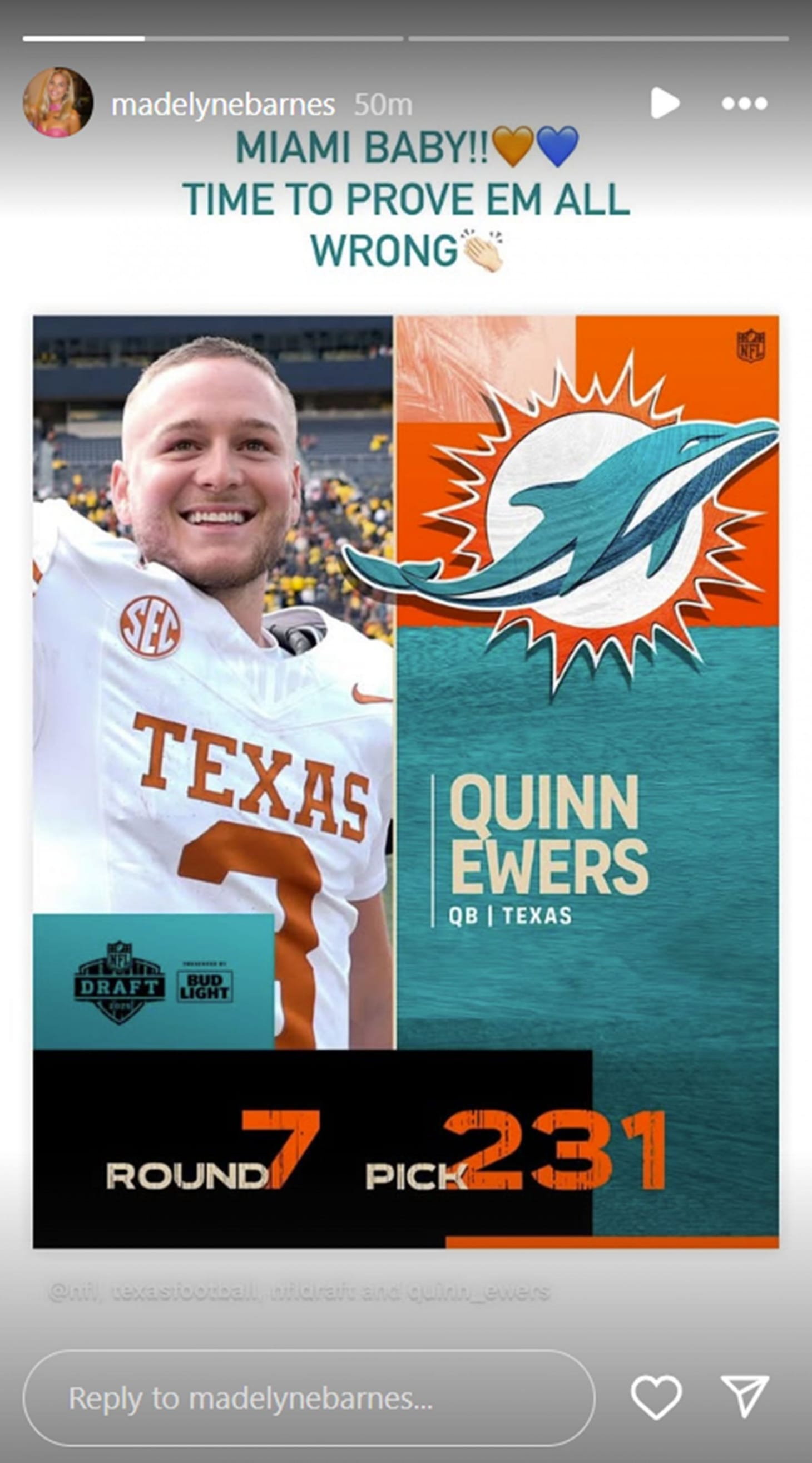 Quinn Ewers' girlfriend Madelyn fired up after Dolphins draft QB in ...