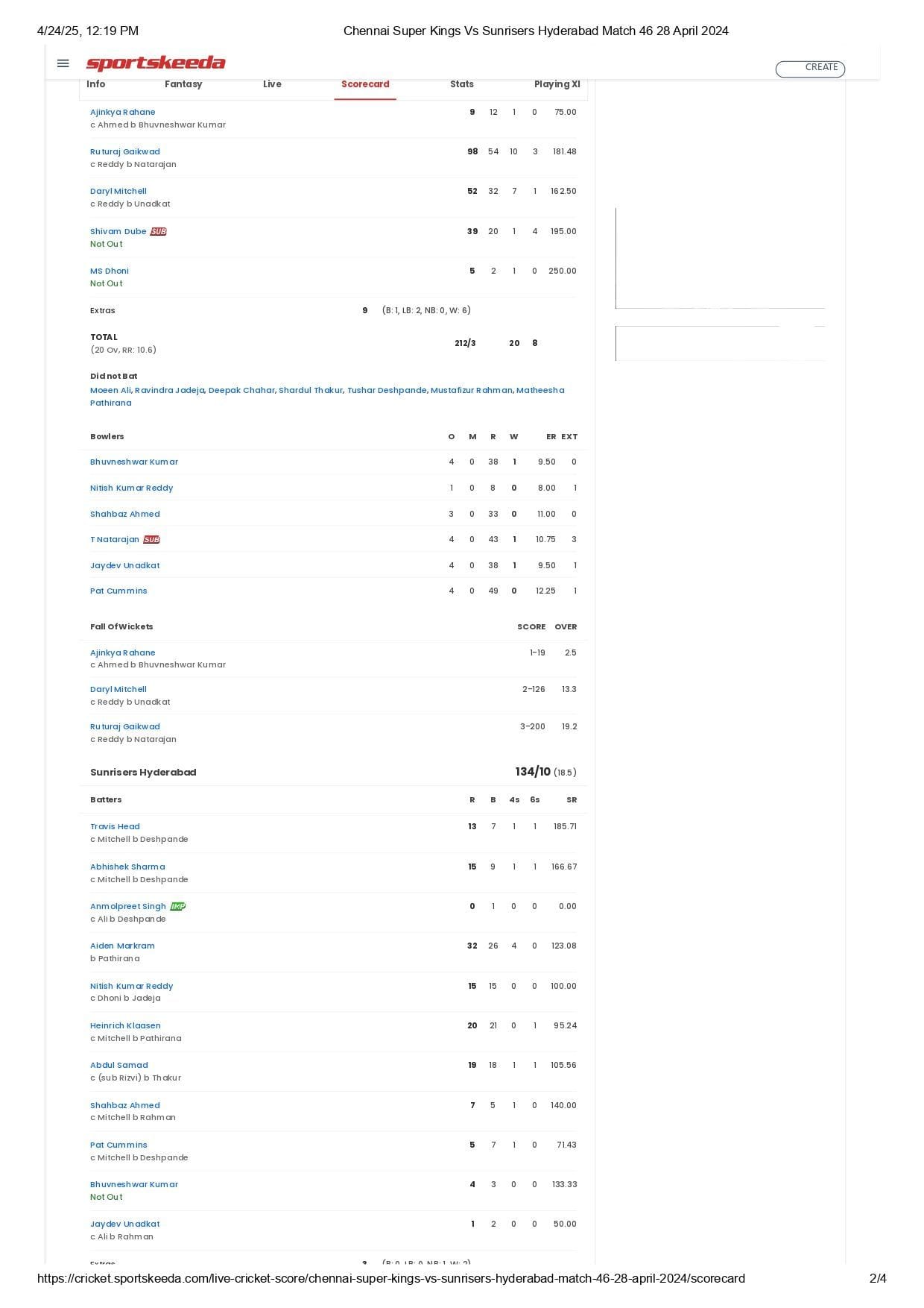 Chennai Super Kings vs SunRisers Hyderabad: Scorecard, Highlights and ...