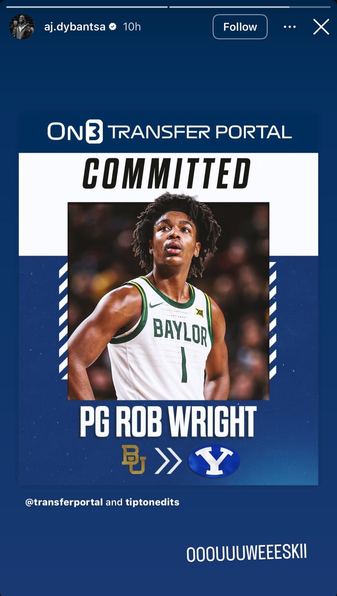 $3.8 million NIL-valued AJ Dybantsa drops 1-word reaction for new teammate Rob Wright at BYU