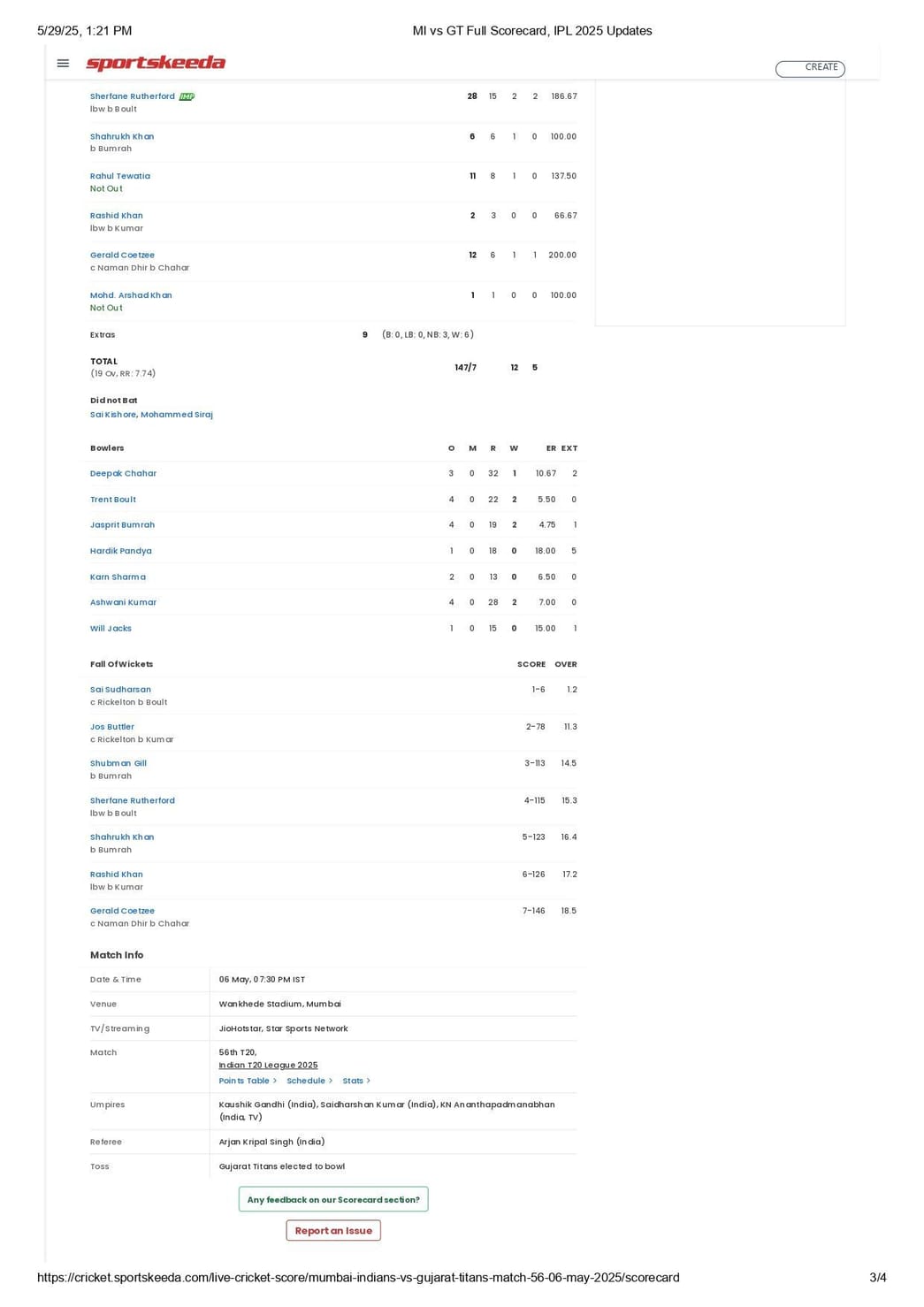 Gujarat Titans vs Mumbai Indians: Scorecard, Highlights and Results of ...