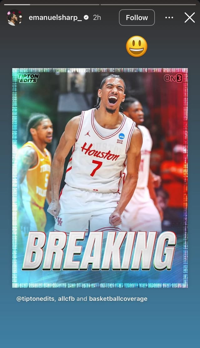 Houston’s Emanuel Sharp reacts as Milos Uzan withdraws from NBA draft ...