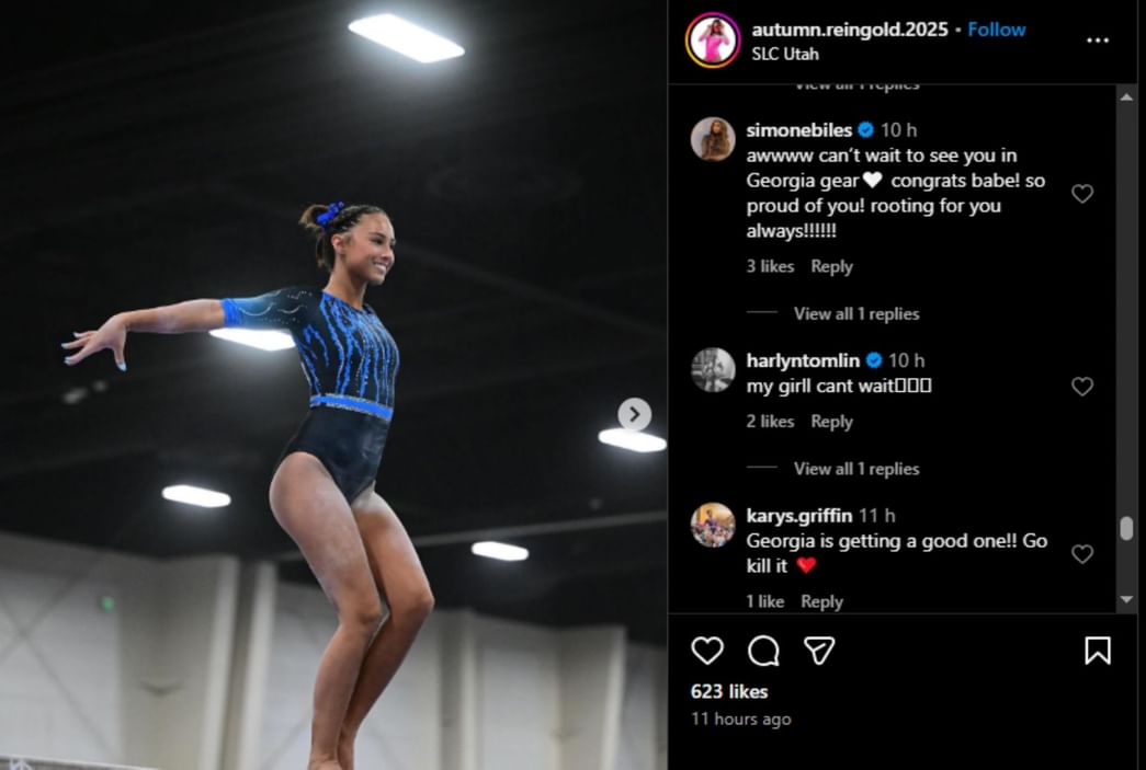 Simone Biles reacts as youngster Autumn Reingold commits to Georgia ...