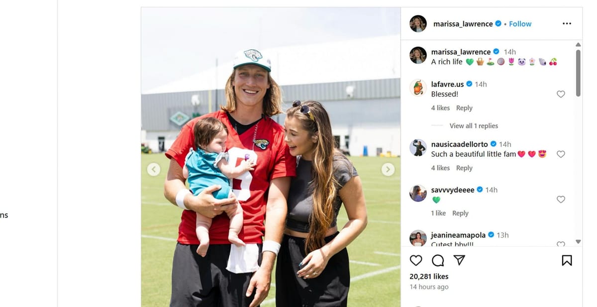 Trevor Lawrence's 4 month baby Shae Lynn makes Jaguars camp debut with ...