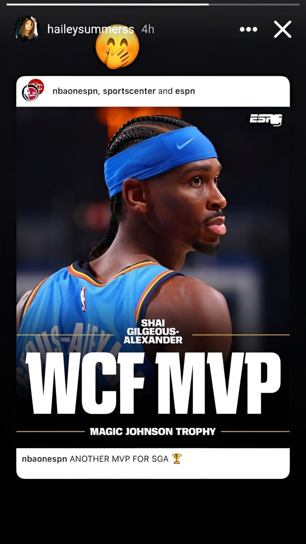 Shai Gilgeous-Alexander's wife Hailey Summers reacts to OKC Thunder star's WCF MVP nod