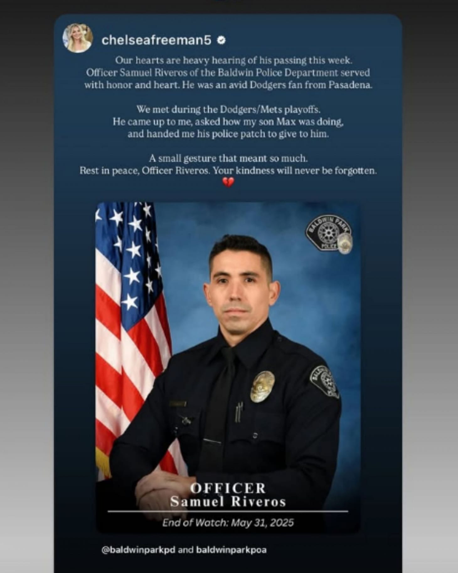 Freddie Freeman's wife Chelsea mourns fallen officer after Baldwin Park ...