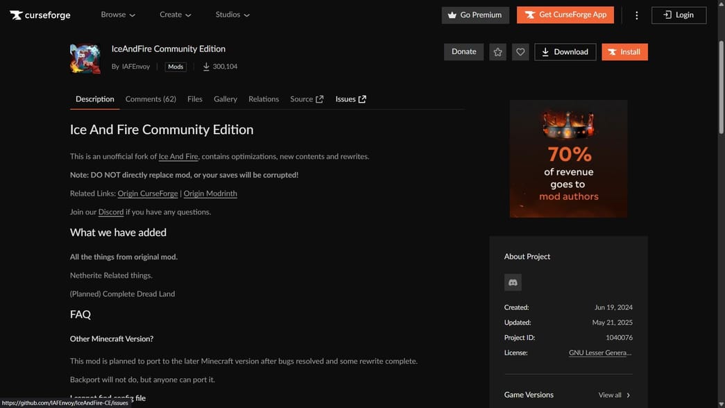Minecraft IceAndFire Community Edition mod guide