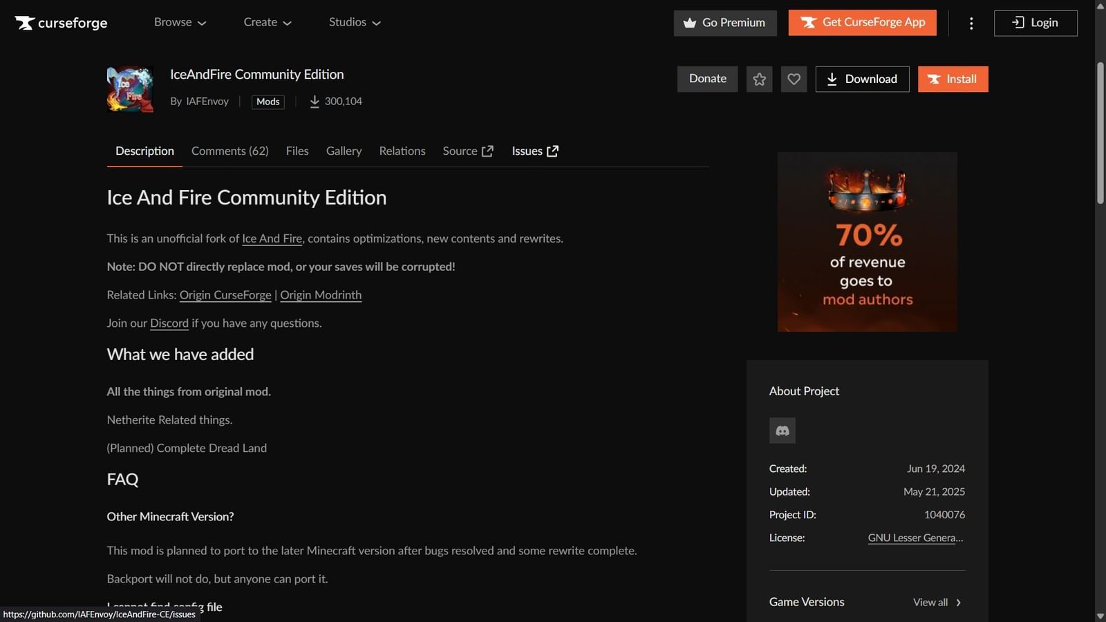 Minecraft IceAndFire Community Edition mod guide