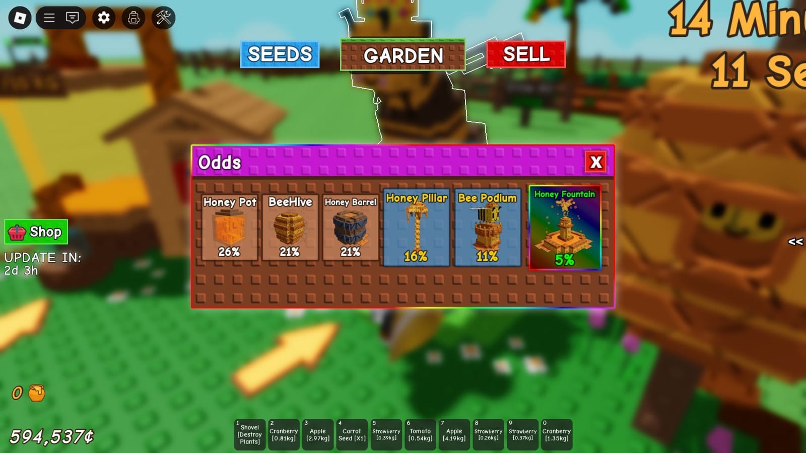 Grow a Garden Bee Crate: All items and chance percent