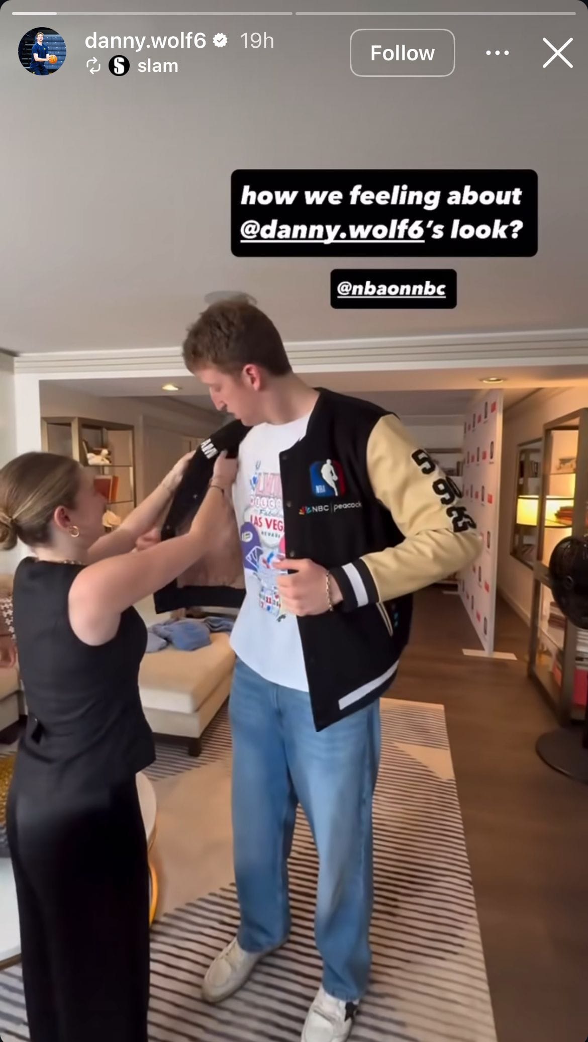 Cooper Flagg reacts as Michigan’s Danny Wolf poses at 2025 SLAM draft suite