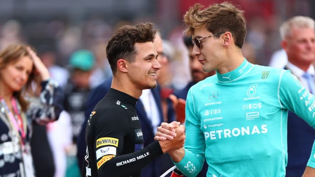 WATCH: Lando Norris playfully pushes George Russell into Mercedes strategy secret