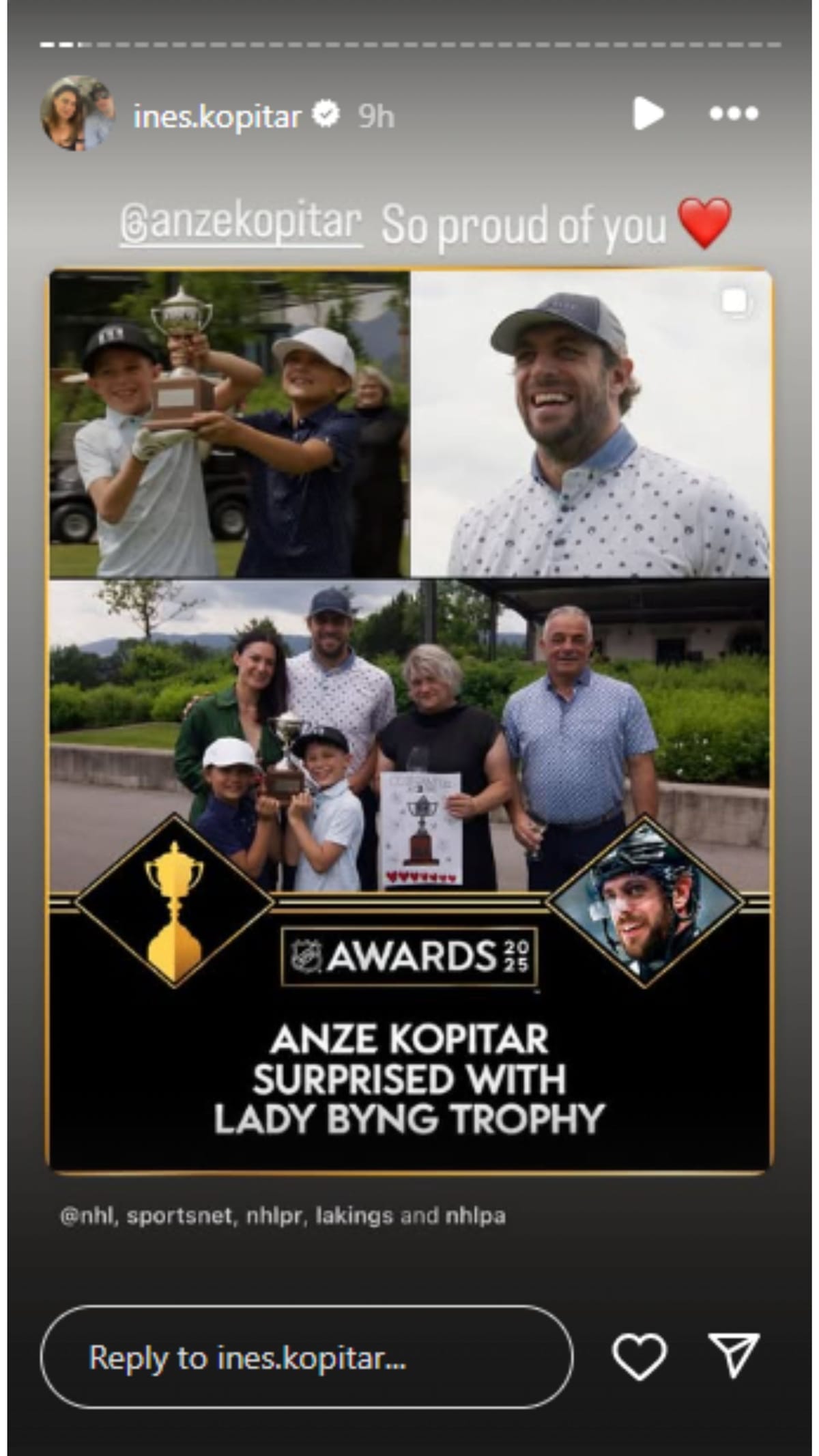 Anze Kopitar's wife Ines drops 4-word reaction to LA Kings' captain winning his third Lady Byng ...