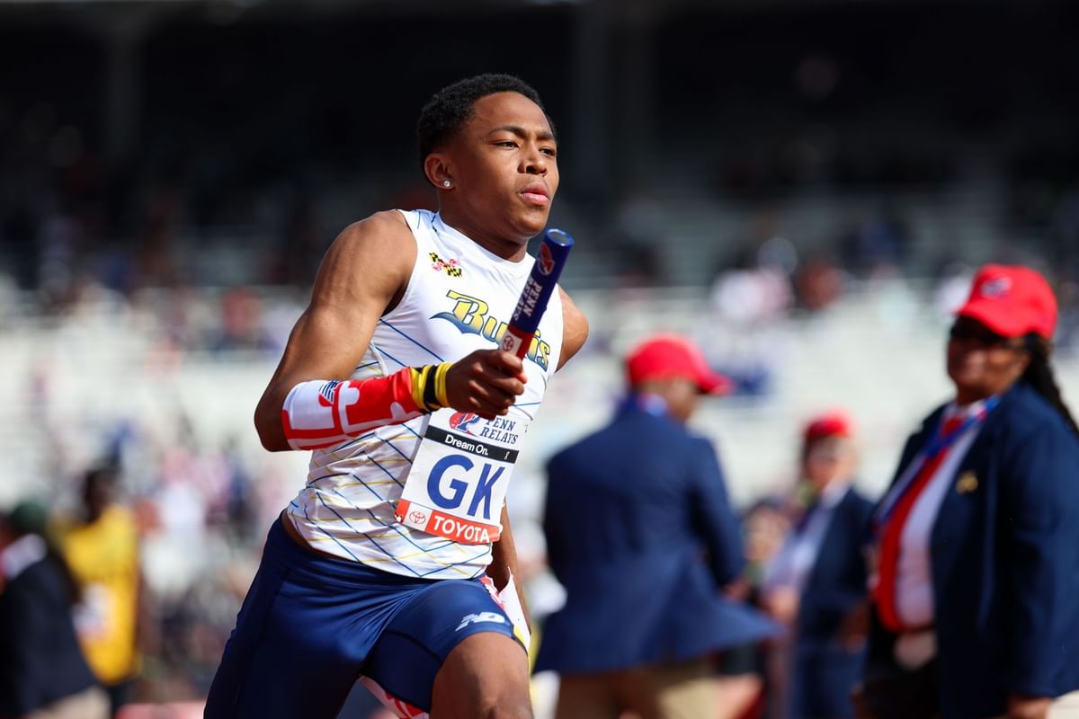 Quincy Wilson reacts as he gets stormed by fans during Grand Slam Track ...