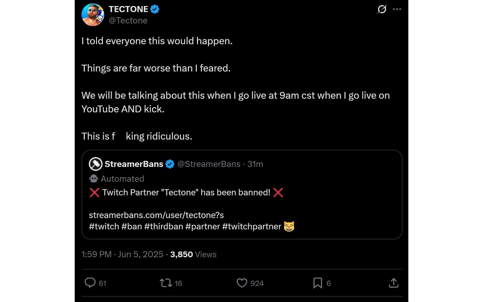 Tectone banned from Twitch for third time, streamer says "things are ...