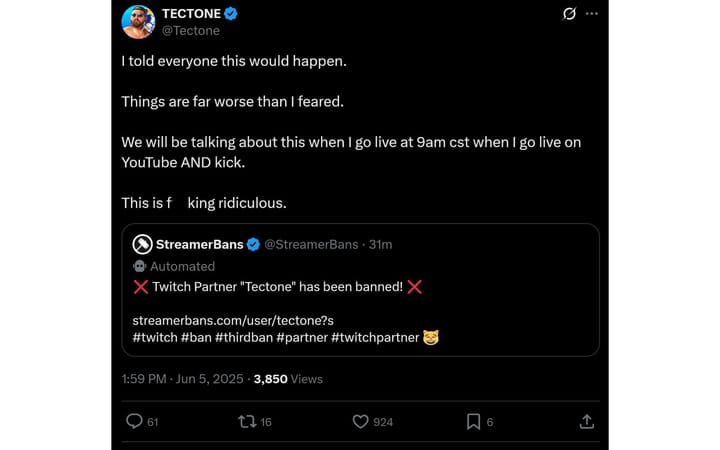 Tectone banned from Twitch for third time, streamer says "things are ...