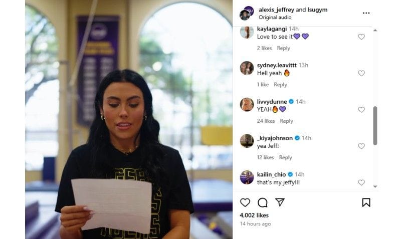 Olivia Dunne reacts to former LSU teammate Alexis Jeffrey's notable ...