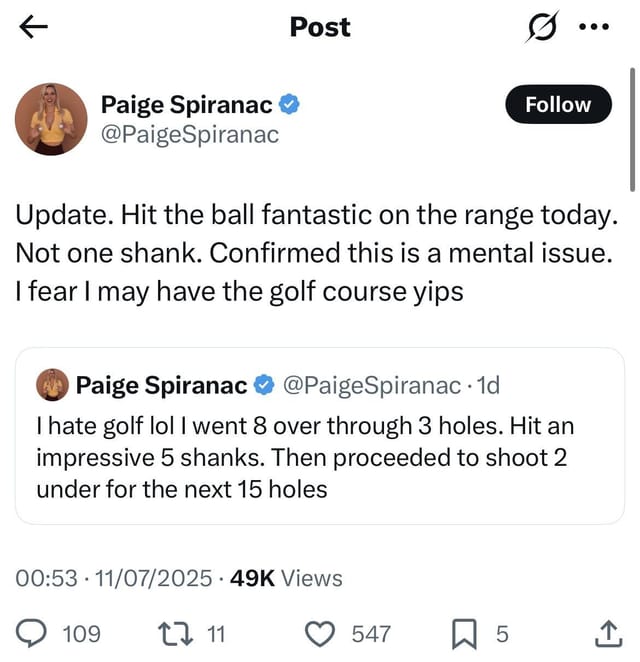 Paige Spiranac shares a striking all-white look from her latest golf outing
