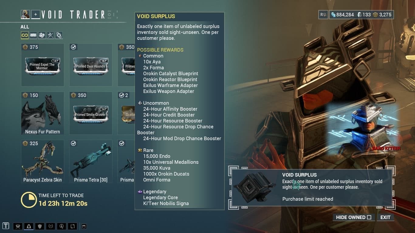 Warframe: All Baro Void Surplus offerings